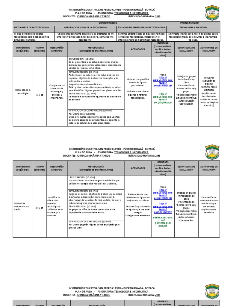 PLAN AULA TECNOLOGIA E INFORMATICA Definitivo | PDF | Método de enseñanza | Evaluación