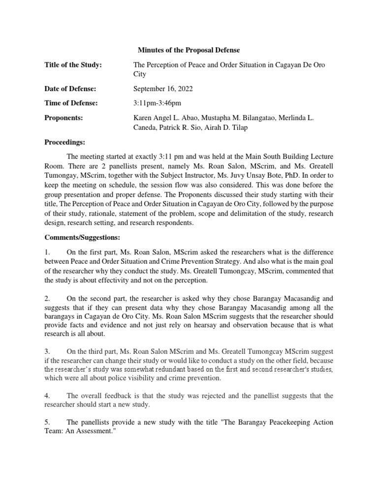 Cagayan de Oro Peace and Order Defense Minutes | PDF