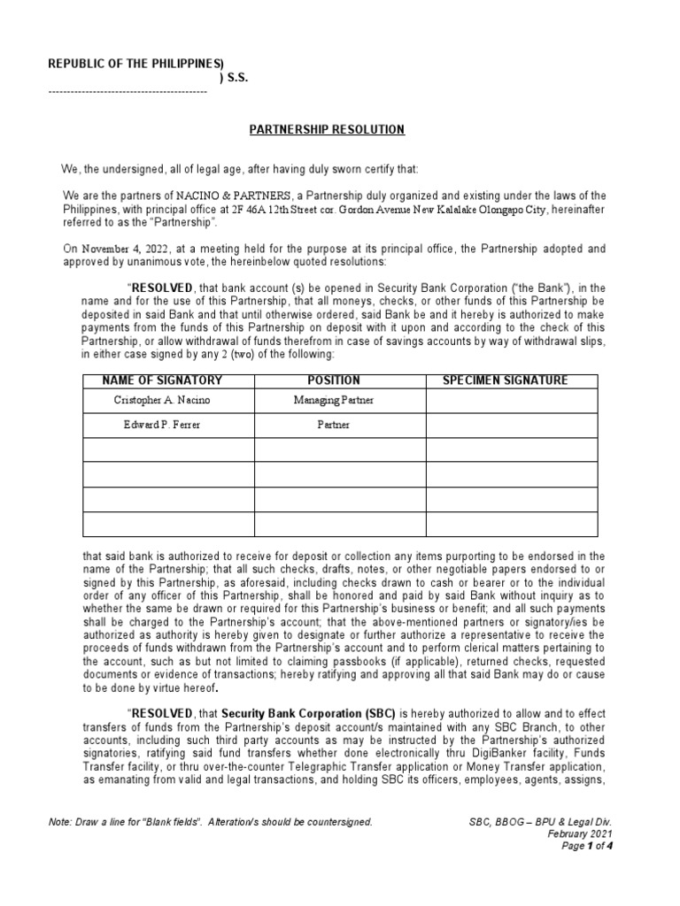 Partnership Resolution Account Opening As of 02.2021 | PDF | Banks | Debit Card