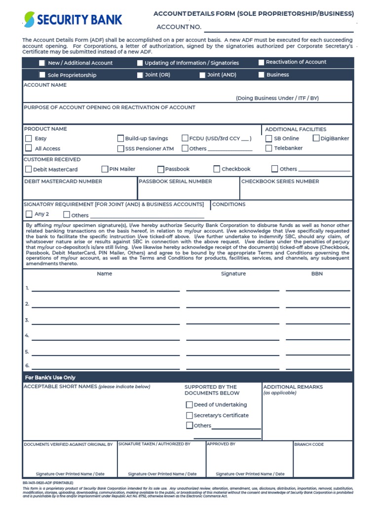 Account Details Form ADF Sole Proprietorship I Business As of 08.2020 ...