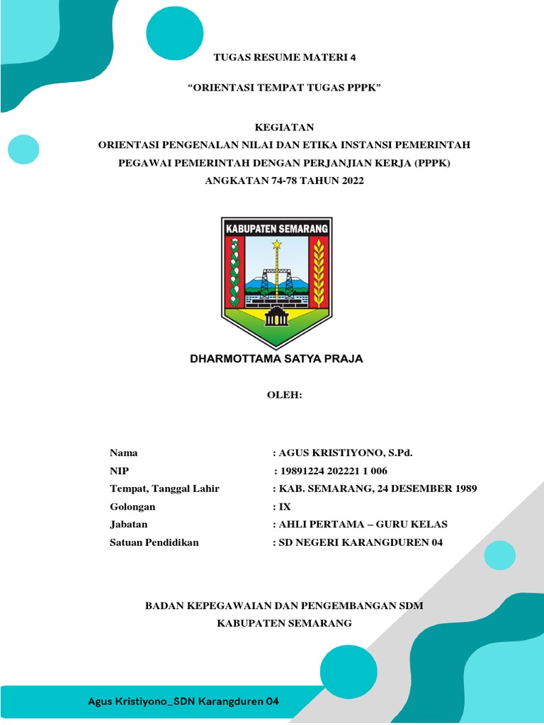 RESUME Materi 4 Orientasi Tempat Tugas PPPK - Agus Kristiyono | PDF