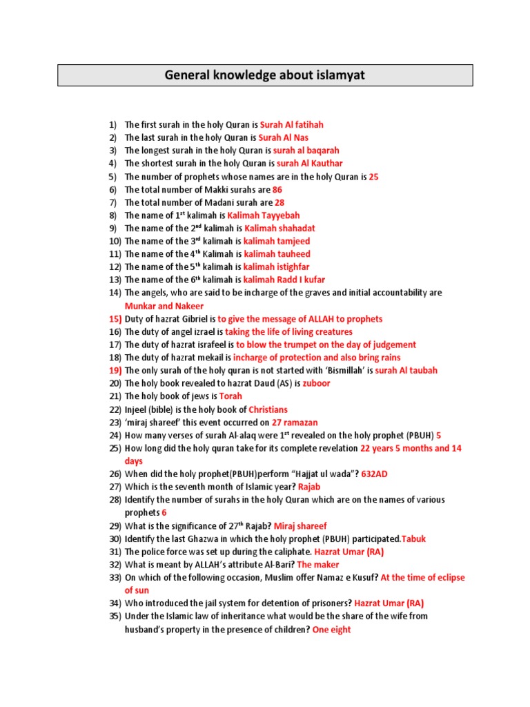 General Knowledge About Islamyat | PDF | Surah | Prophets And ...