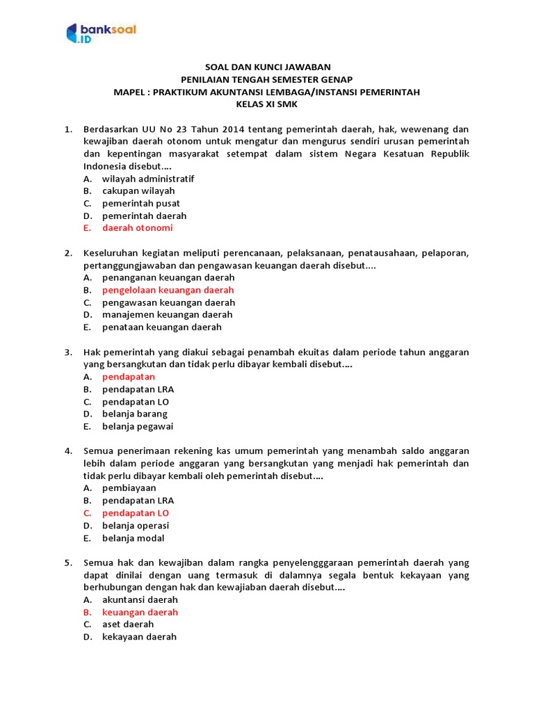 Soal & Kunci PTS Akuntansi Lembaga Kelas 11 Semester 2 Tahun 2022 | PDF