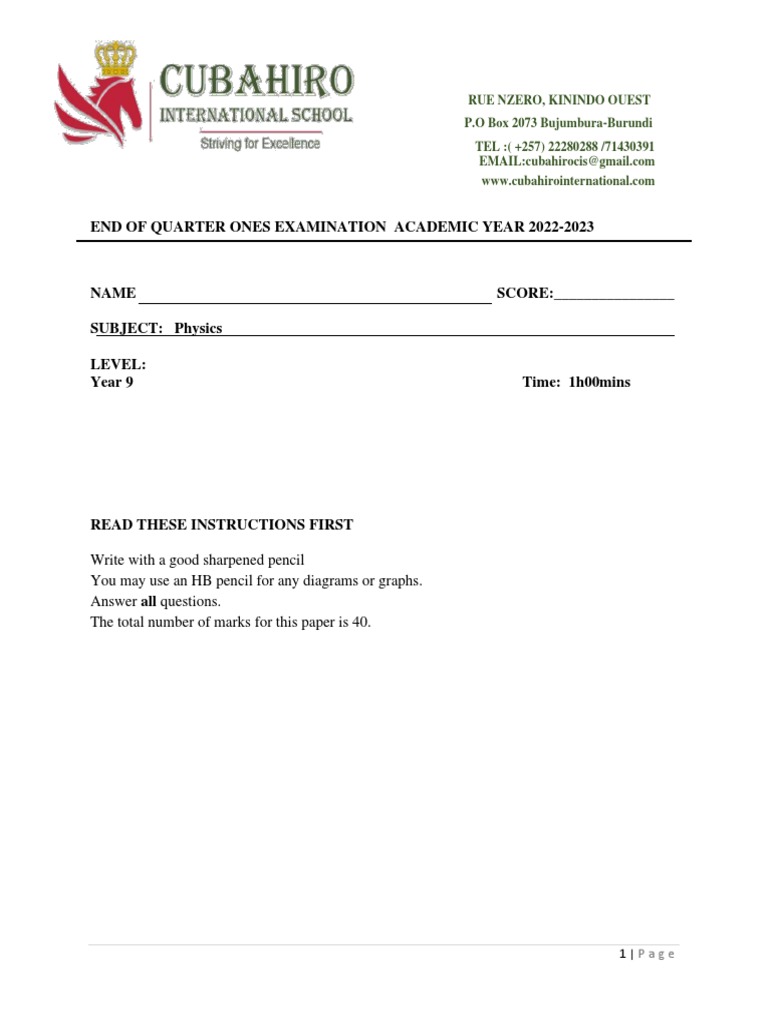 Year 9 Physics Exams 2022-2023 | PDF | Physical Quantities | Physics