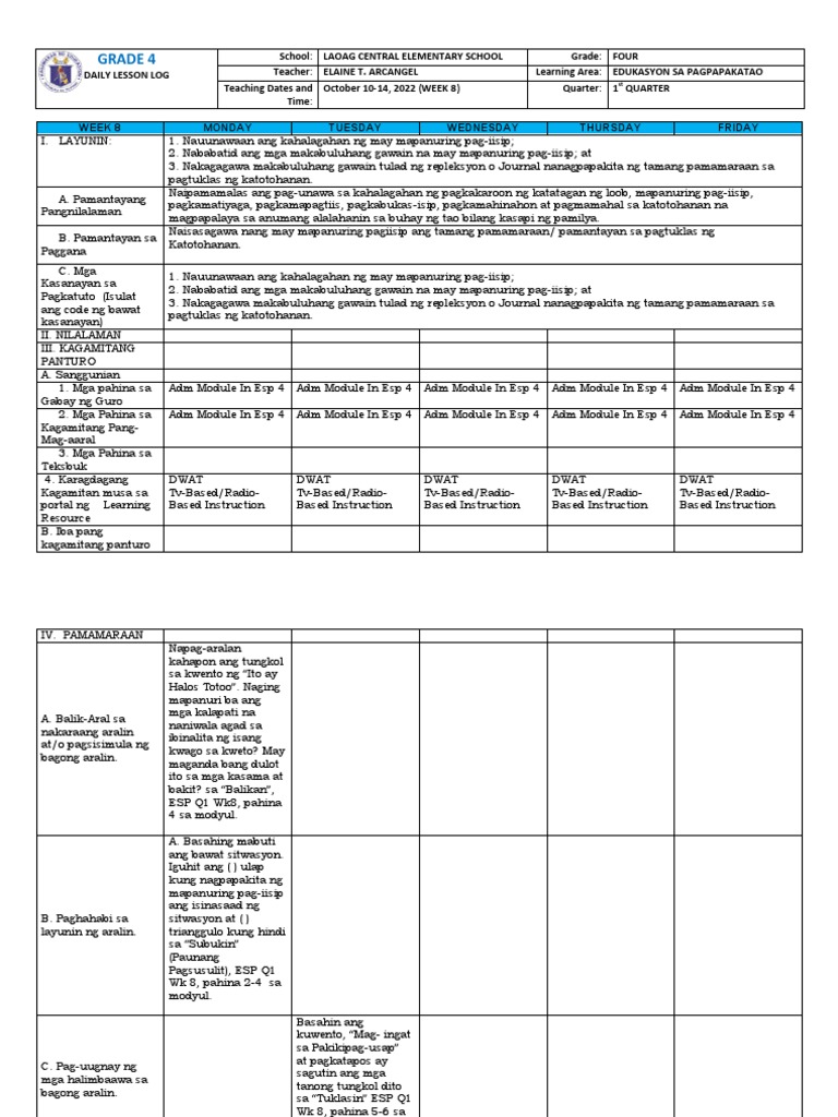 DLL g4 q1 Week 8 (English, Esp, Math) | PDF