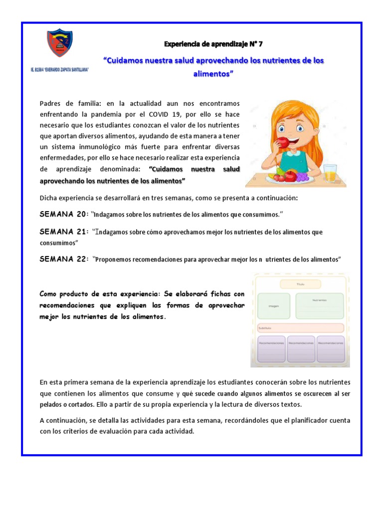 Experiencia de Aprendizaje #7 y Planificador Semanal | PDF | Alimentos | Aprendizaje