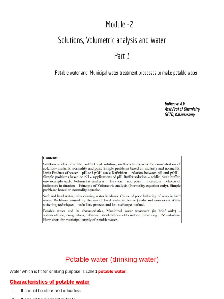 Part 3 - Module 2 - Solutions, Volumetric Analysis and Water | PDF | Chlorine | Water Purification
