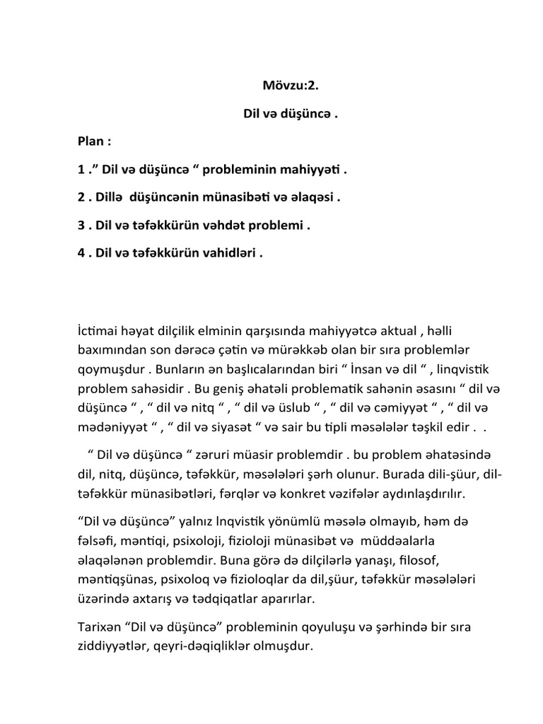 Mövzu 2. Dil VƏ Düşüncə | PDF