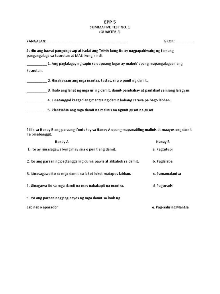EPP 5 Summative Test Quarter 3 | PDF