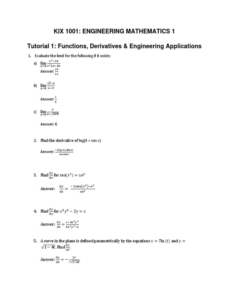 Tutorial 1 Functions, Derivatives Engineering Applications | PDF