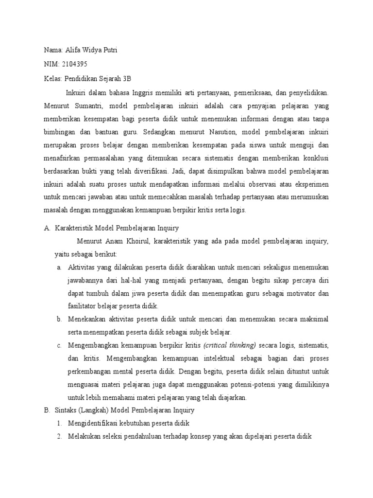 Karakteristik, Sintak, Rancangan Model Pembelajaran Inquiry | PDF ...