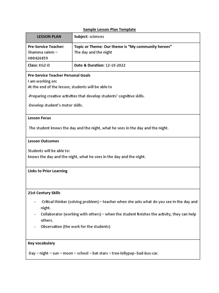 Day and Night Lesson Plan for KG2 | PDF