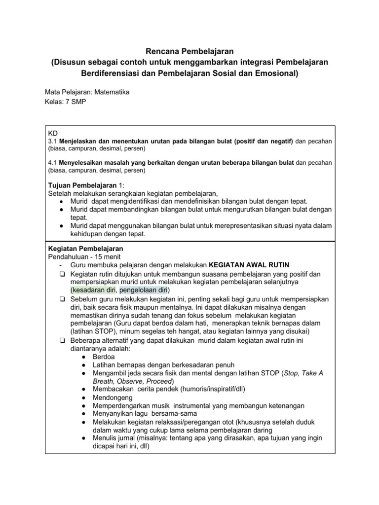 Contoh RPP Integrasi Pembelajaran Berdiferensiasi & Sosial-Emosional | PDF