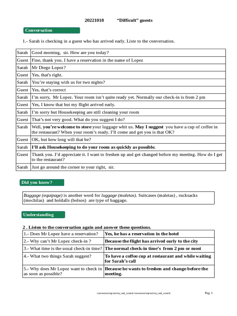 Hotel & Hospitality English "Difficult" Guests Unit 3 Pag 14-17 | PDF
