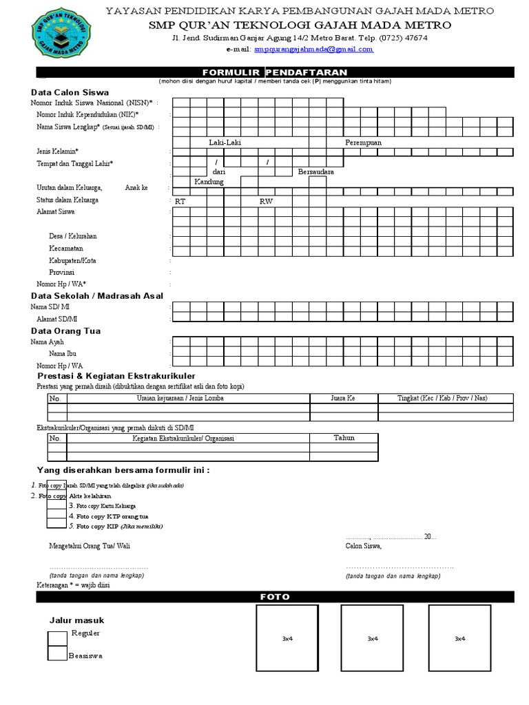 Formulir Pendaftaran Siswa SMP | PDF