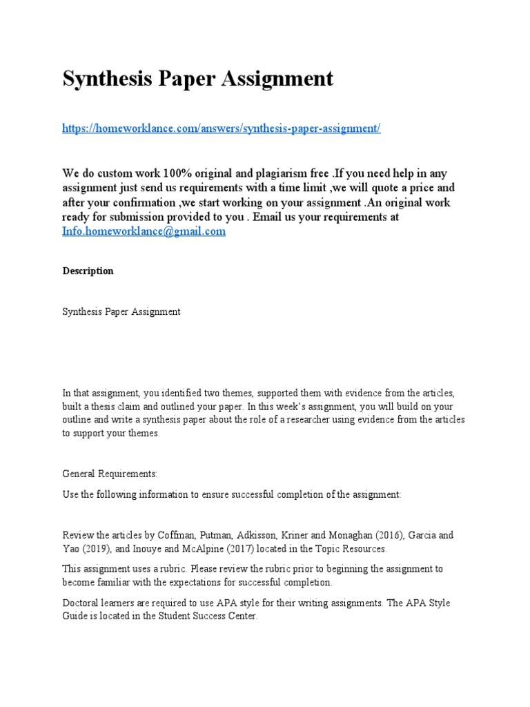 Synthesis Paper Assignment | PDF | Argument | Apa Style