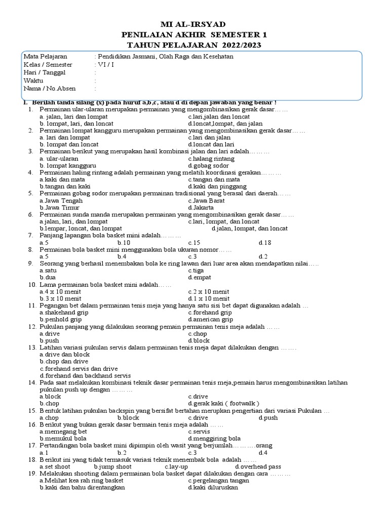 Soal Pas Pjok Kelas 6 | PDF