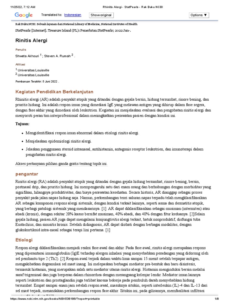 Rhinitis Alergi - StatPearls - Rak Buku NCBI | PDF | Sains & Matematika