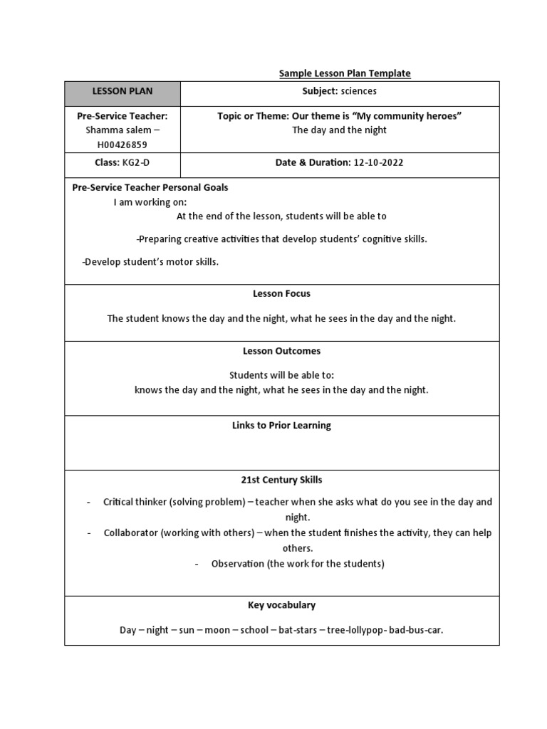 KG2 Lesson Plan: Day and Night Theme | PDF | Teachers | Lesson Plan