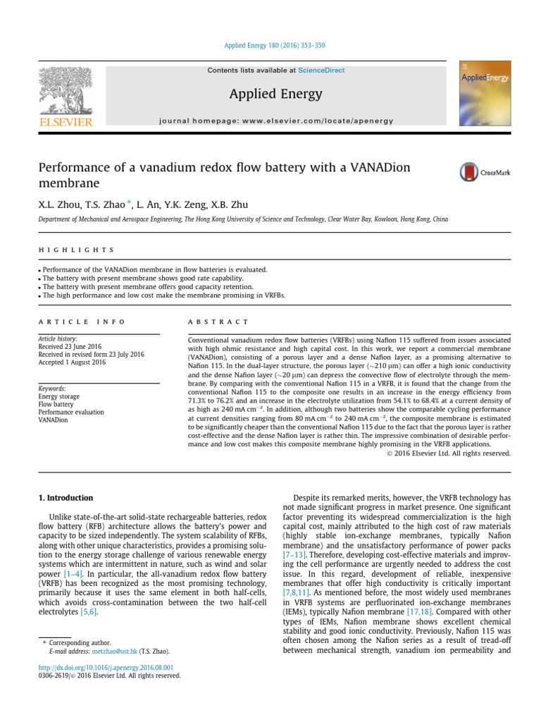 Performance of A Vanadium Redox Flow Battery With A VANADion Membrane ...