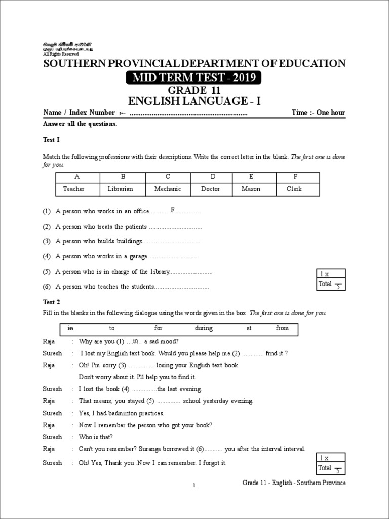 Grade 11 English 2nd Term Test Paper With Answers 2019 Southern ...