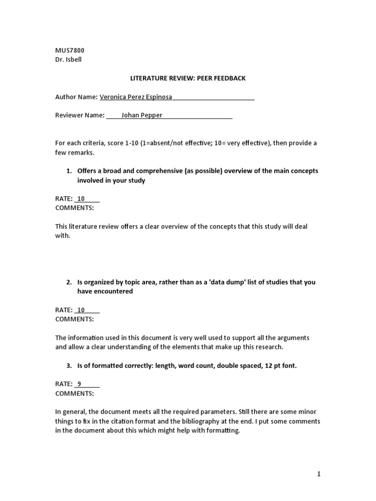 Pepper Literature Review Peer Feedback Form | PDF | Citation | Jargon