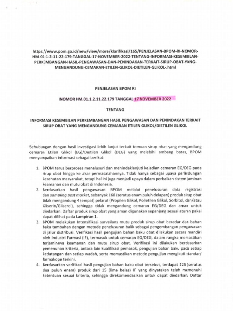 Lampiran - Penjelasan BPOM RI TGL 17 November 2022 | PDF