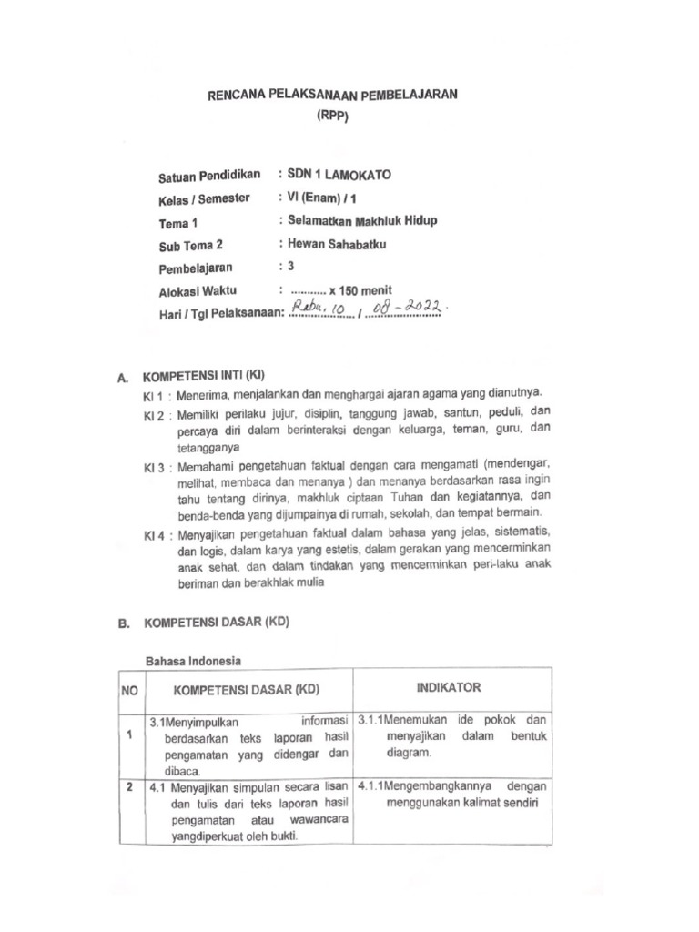 RPP Kelas 6 Tema 1 Sub Tema 2 | PDF