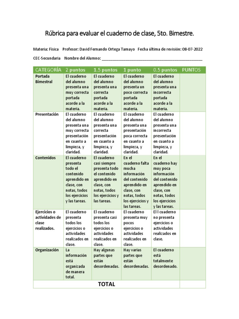 Rúbrica para Evaluar El Cuaderno de Clase Física | PDF