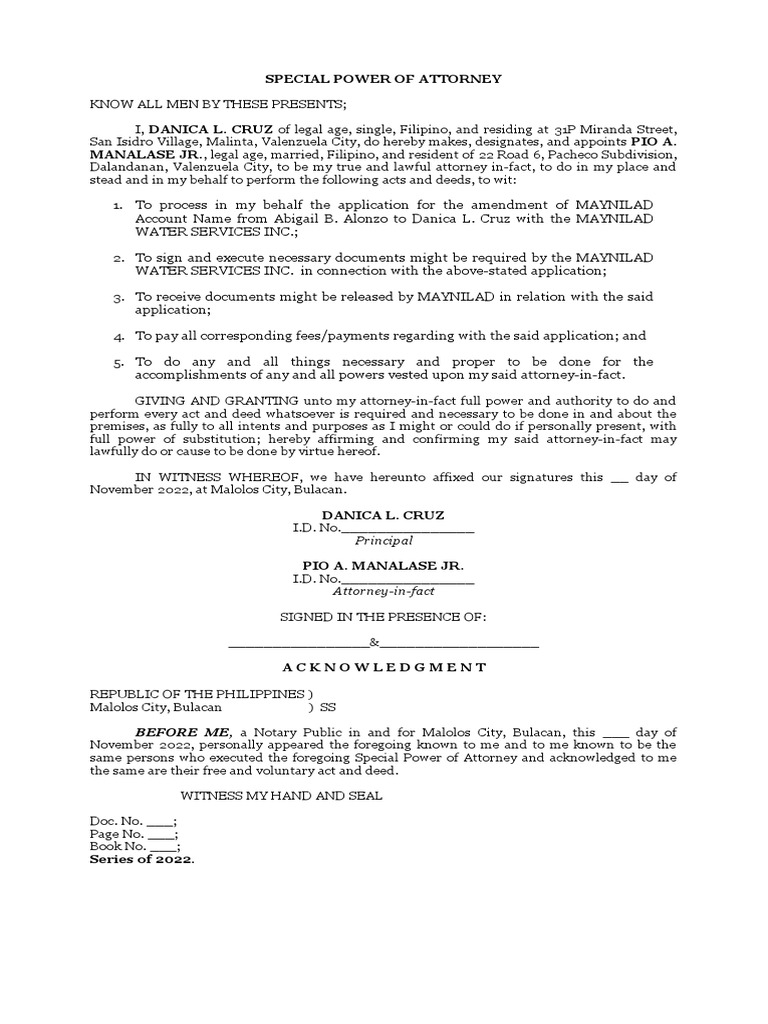 Spa CRUZ Maynilad | PDF | Power Of Attorney | Notary Public