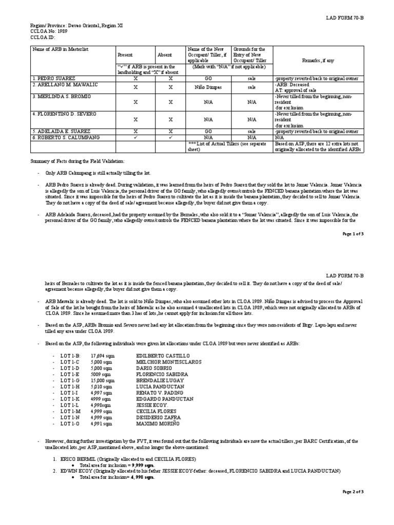 LAD Form 70-B CLOA 1989 | PDF