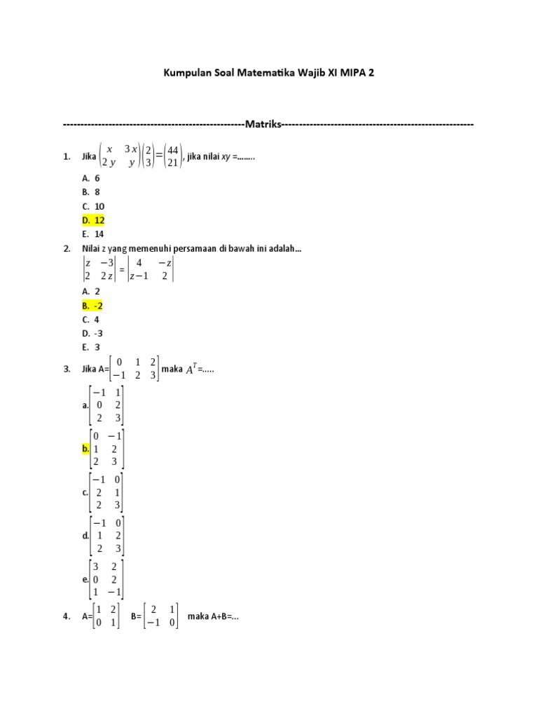 Kumpulan Soal Matematika Wajib XI MIPA 2 | PDF