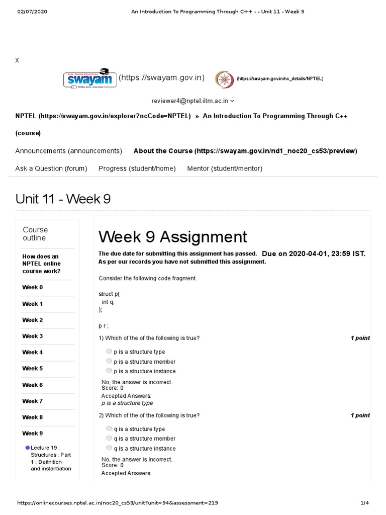 Noc20 Cs53 Week 09 Assignment 01 Pdf C Object Oriented Programming 