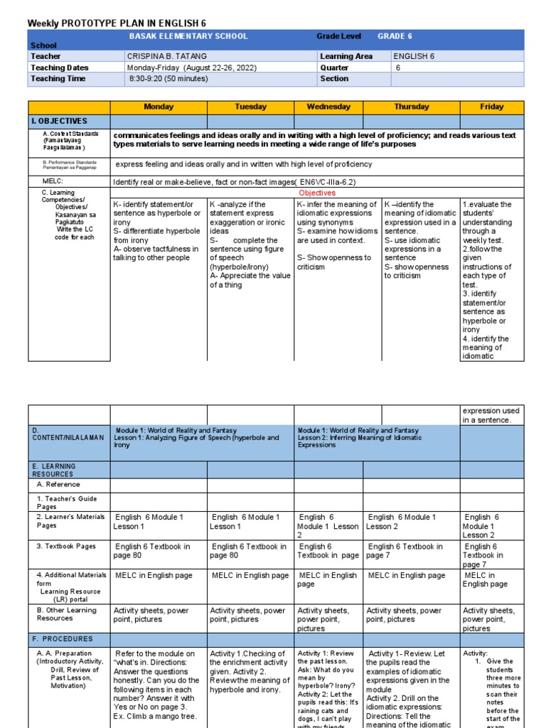 English 6-Q2-WK1-DLL-F2F | PDF