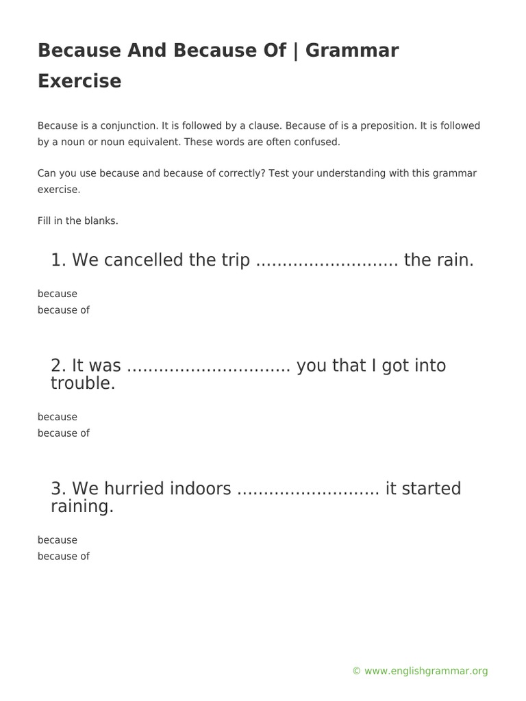 Because and Because of - Grammar Exercise | PDF | Cognitive Science ...