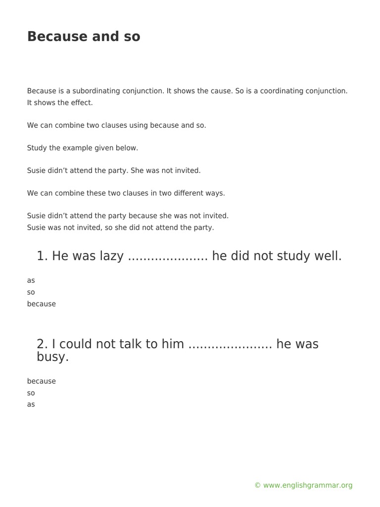 Using "Because" and "So" in Sentences | PDF