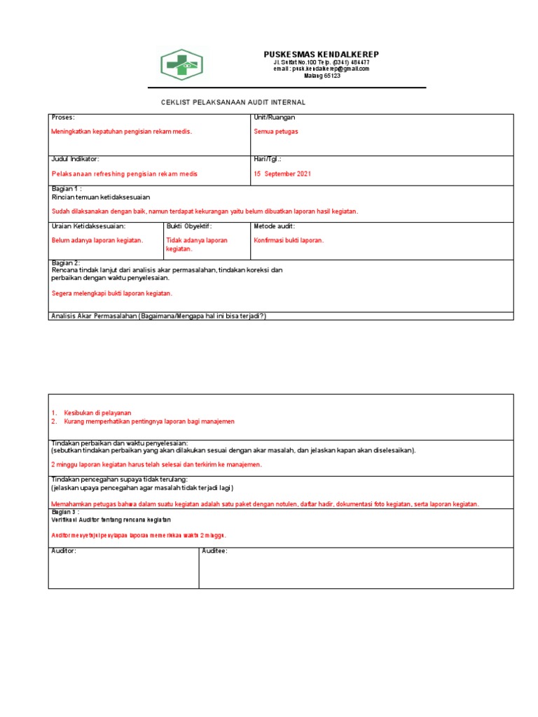 Contoh Ceklist Audit Internal Terisi Pdf