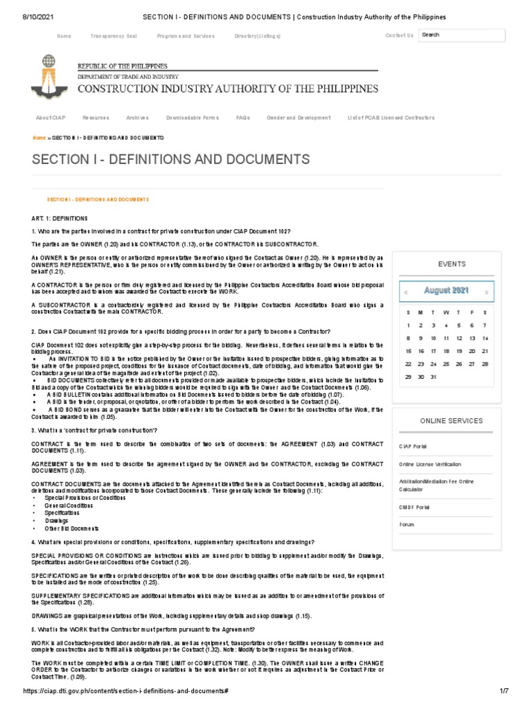 SECTION I - DEFINITIONS AND DOCUMENTS - Construction Industry Authority ...