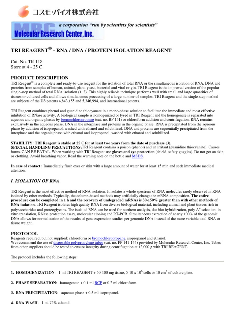 Tri Reagent - Rna / Dna / Protein Isolation Reagent: Cat. No. TR 118 ...