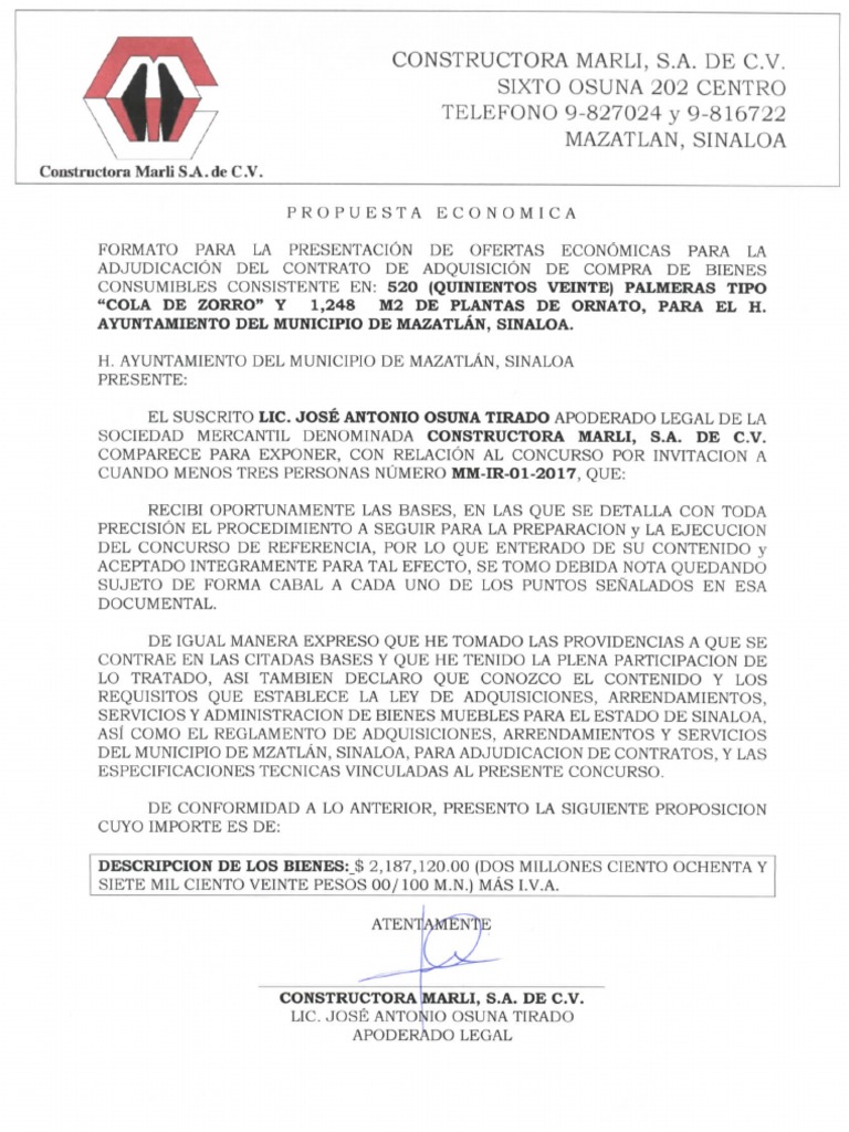 Prop. Tec. y Eco. Constructora Marli | PDF