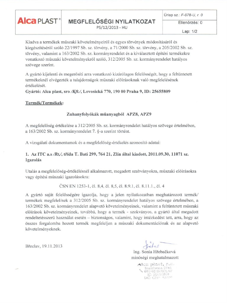 Alcaplast APZ8, APZ9 Zuhanyfolyóka Megfelelőségi Nyilatkozat | PDF