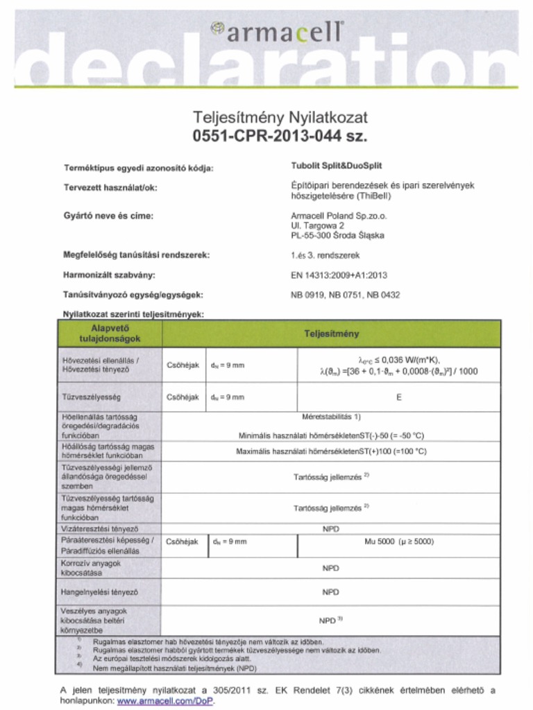Armacell Tubolit DG Teljesítmény Nyilatkozat | PDF