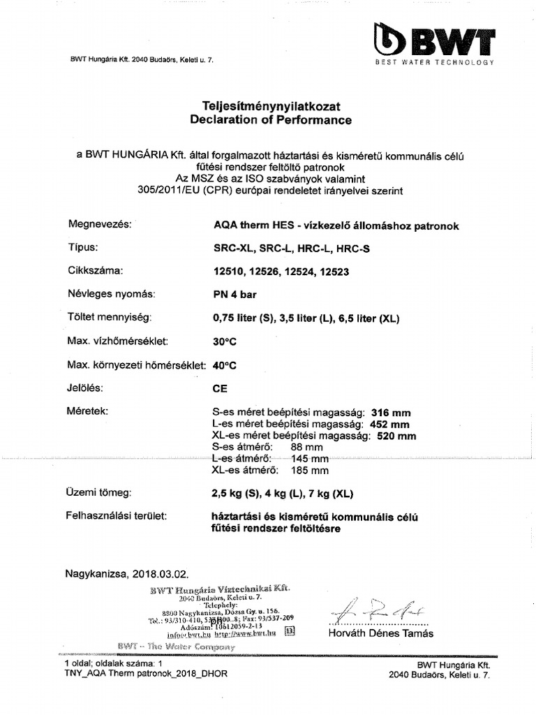 BWT AQA-Therm HES-patronok Teljesítménynyilatkozat | PDF