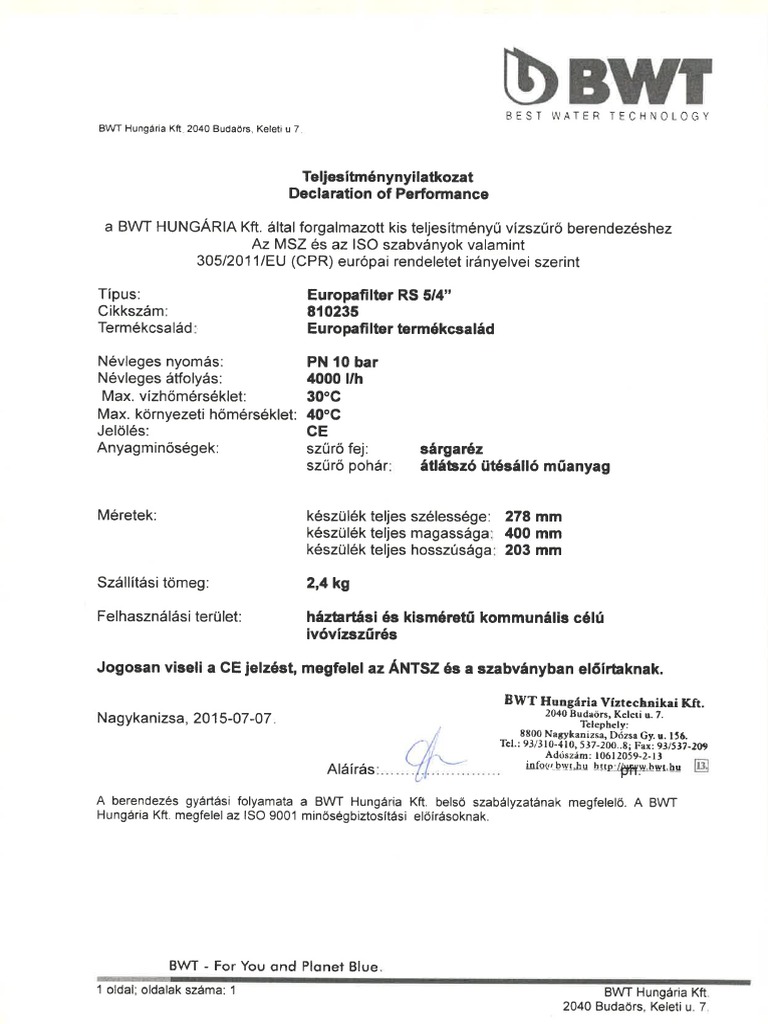BWT Europafilter RS DN32 Teljesítménynyilatkozat | PDF