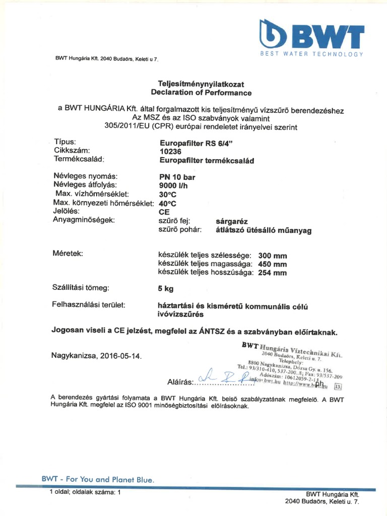 BWT Europafilter RS DN40 Teljesítménynyilatkozat | PDF