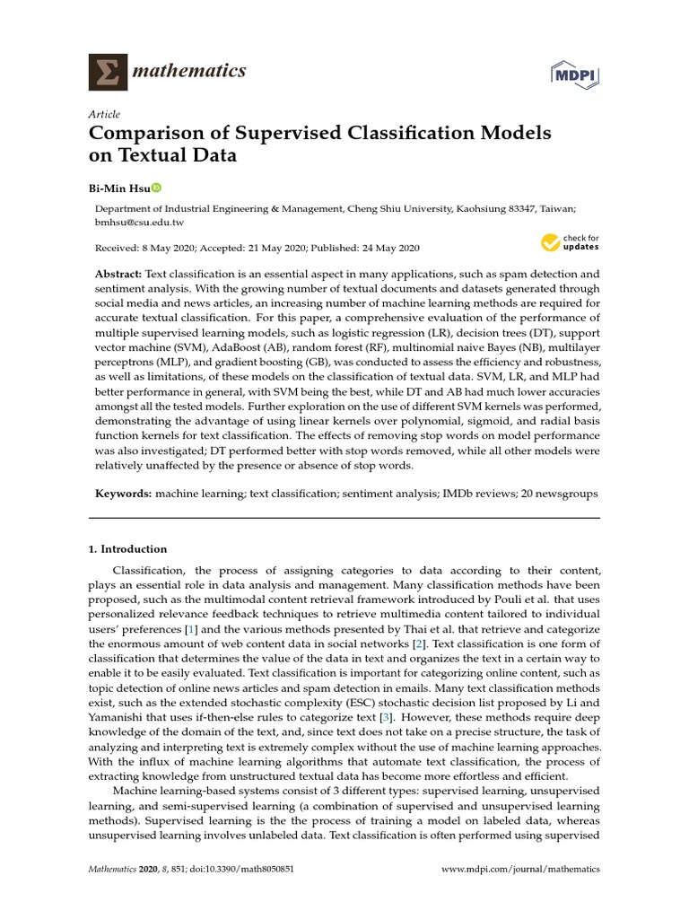 Comparison of Supervised Classification Models On Textual Data | PDF