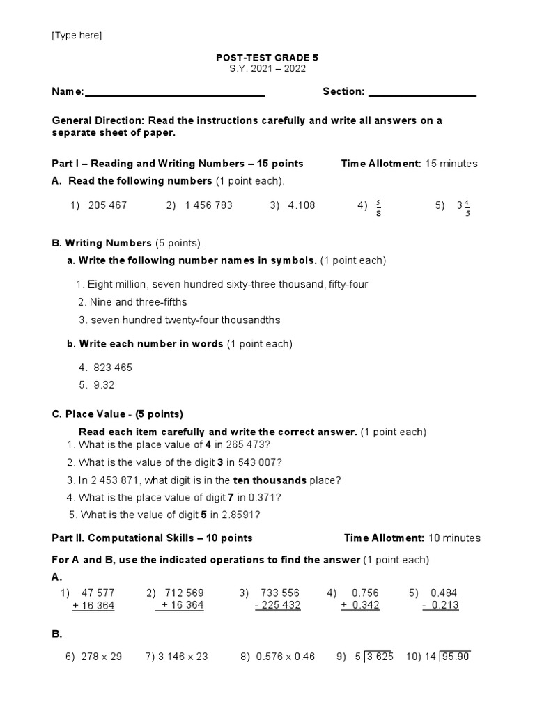 Grade 5 Math Assessment Test | PDF | Teaching Methods & Materials