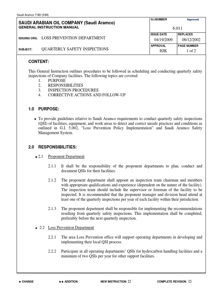 Saudi Aramco Quarterly Safety Inspections | PDF | Safety