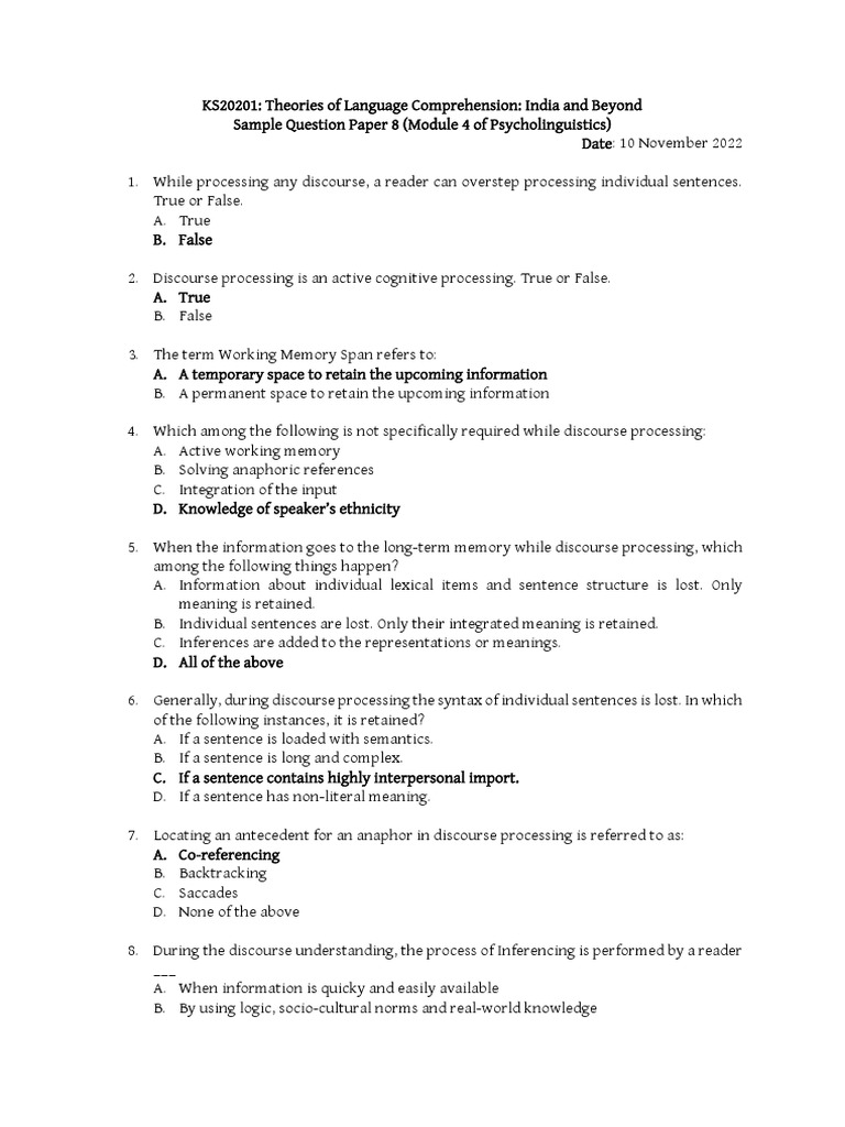 Ks20201 Sample Questions Psycholinguistics Module4 | PDF | Information ...