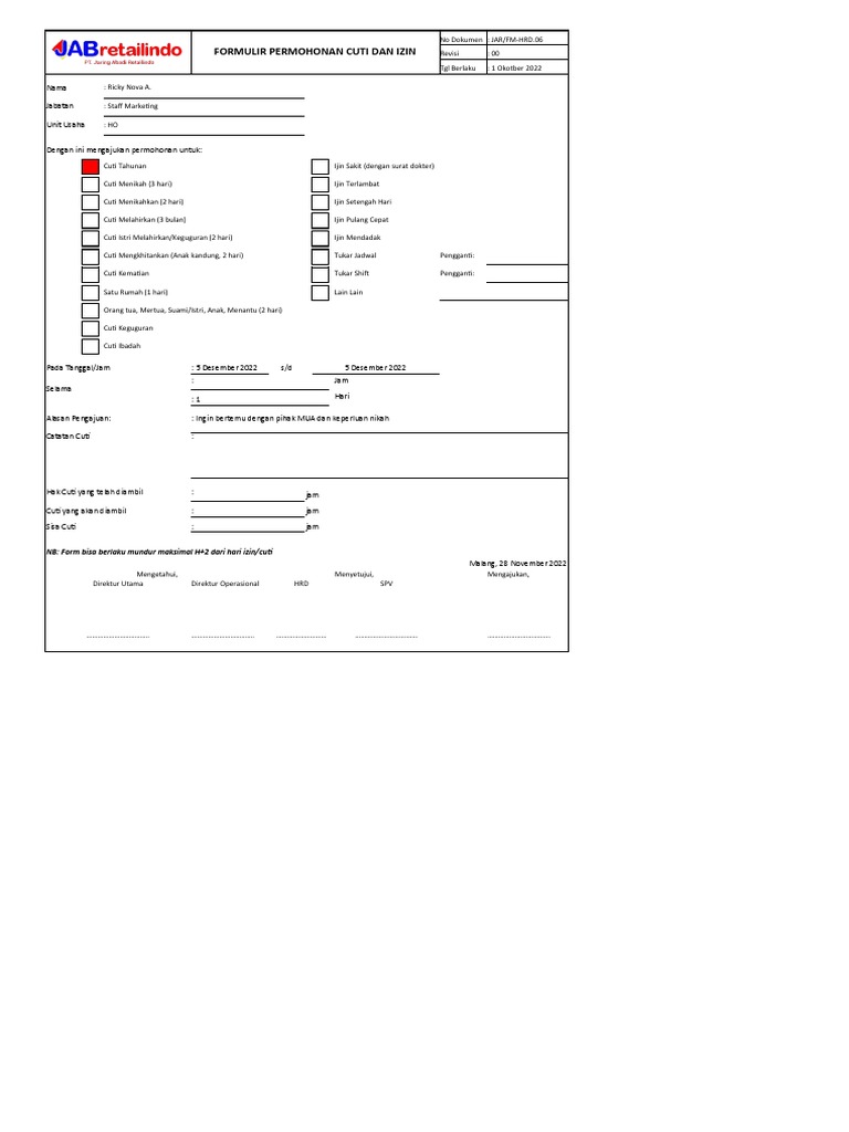 Jari - FM-HRD.16 Pengajuan Cuti Dan Izin | PDF